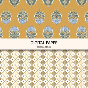 Indian Block Print Digital Paper: Flower Jaipur Motifs, Damask Floral ...