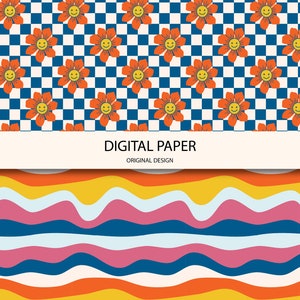 Groovy Digital Paper Set, 70s Seamless Patterns, Red Pink Blue Floral ...