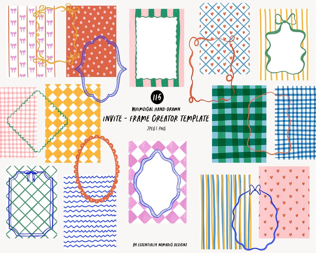 Watercolor Whimsical Doodle Frame: Hand-drawn Strip Checkered ...
