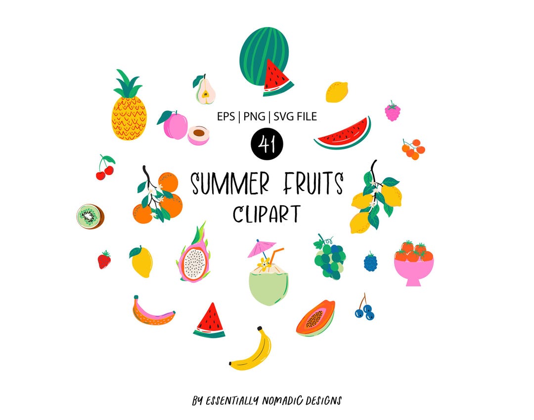 Cute Summer Fruits Clipart, Fresh Tropical Fruit Banana Strawberries ...