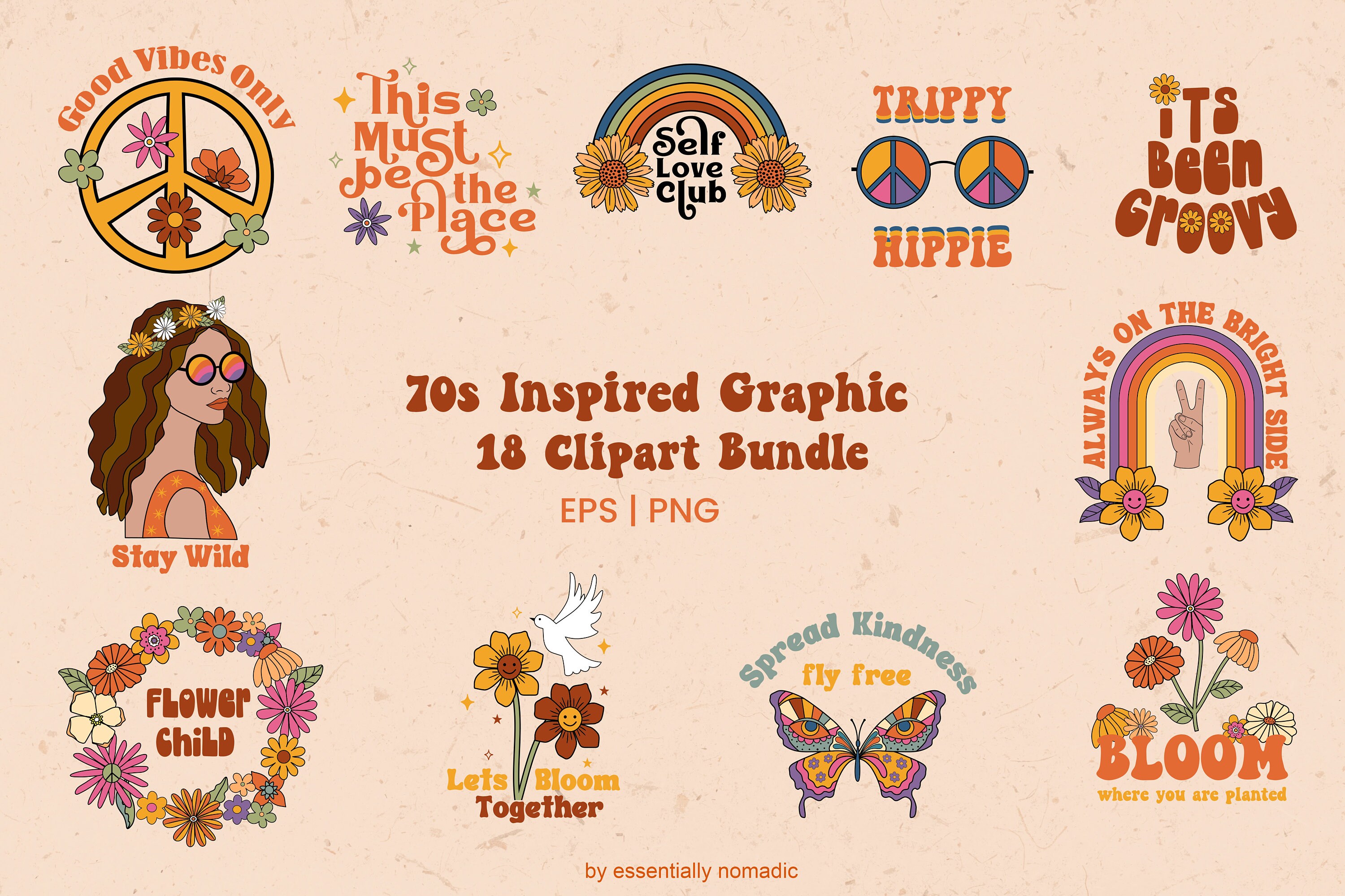 Retro Graphic Clipart Set 70s Groovy Retro Flowers Quotes PNG - Etsy