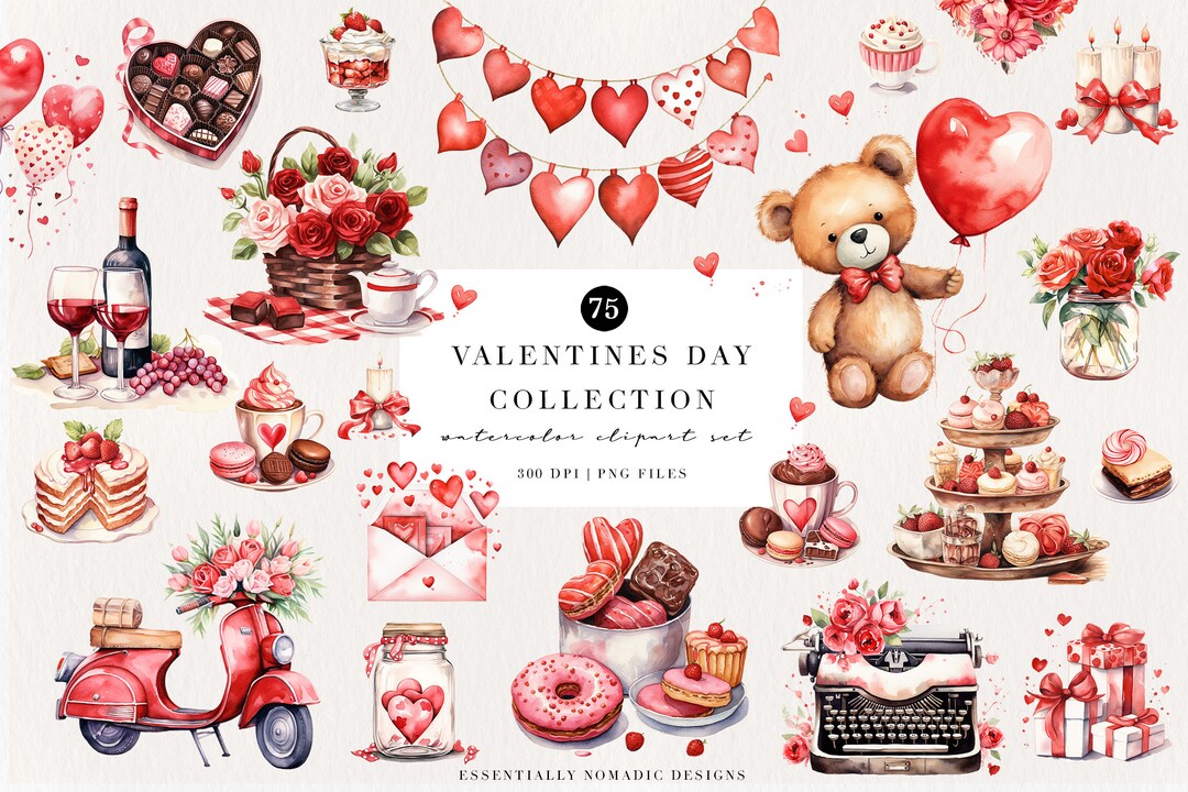 95 Watercolor Valentines Day Clipart, Vintage Watercolor Love Clipart ...