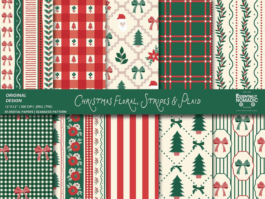 Vintage Christmas Floral Stripes & Plaid Digital Paper, 10 Seamless ...