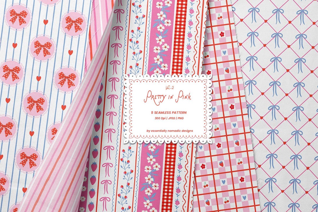 Coquette Valentine Seamless Patterns, Bows Hearts Gingham Checks ...