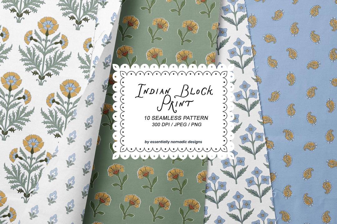 Indian Block Print Digital Paper, Floral Seamless Patterns, Traditional ...