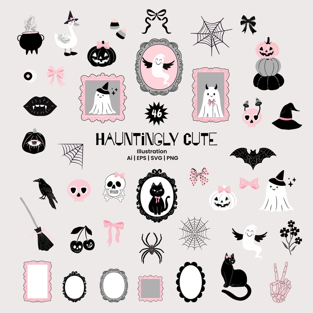 Cute Halloween Clipart Set, Spooky Coquette Ghosts, Bats, Cats, Black ...