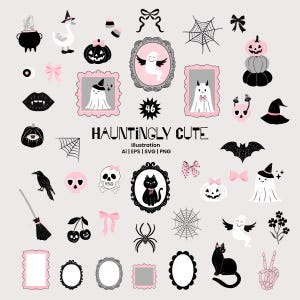 Cute Halloween Clipart Set, Pastel Pink Black Spooky Coquette Ghosts ...