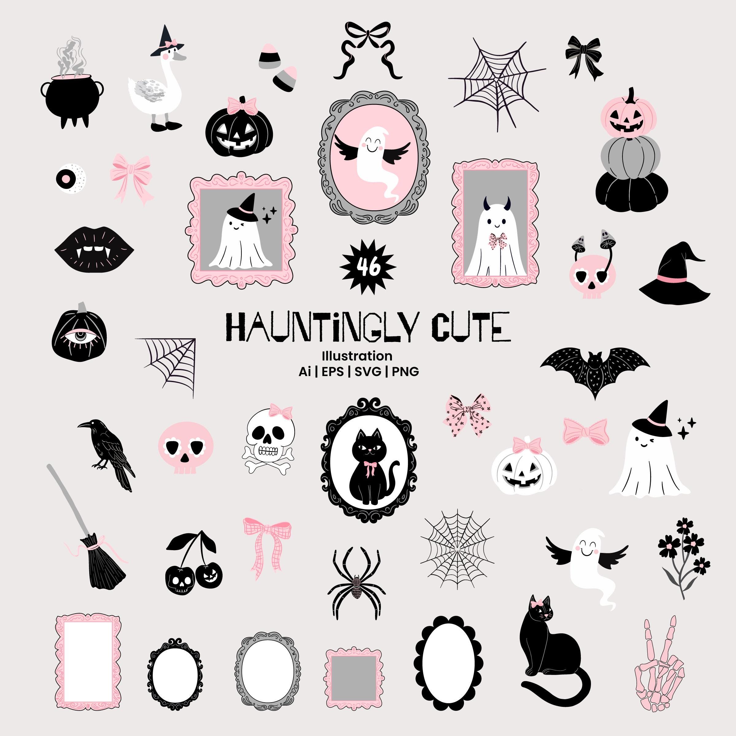 Cute Halloween Clipart Set, Pastel Pink Black Spooky Coquette Ghosts ...