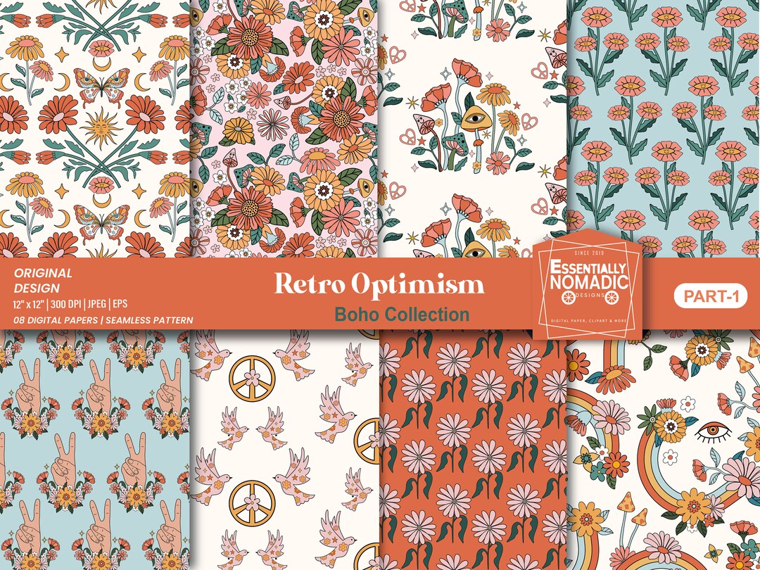 Boho Floral Digital Paper, 70s Flower Vintage Background, Summer ...