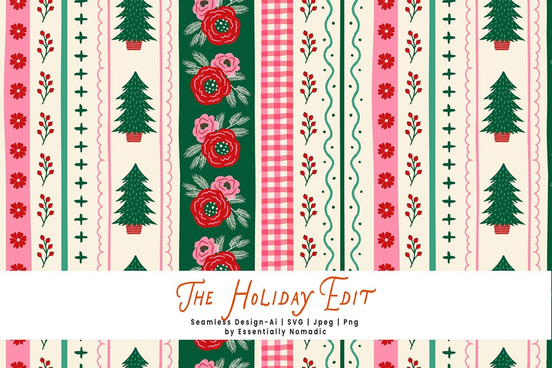 Pink Green Christmas Floral Stripes & Plaid Seamless Patterns, Retro ...