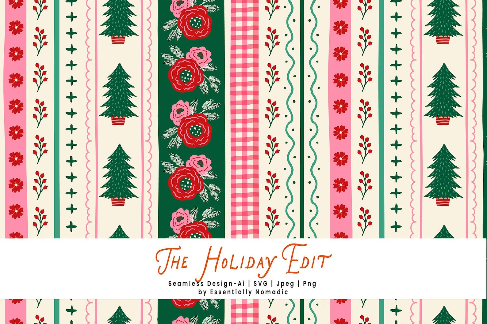 Pink Green Christmas Floral Stripes & Plaid Seamless Patterns, Retro ...