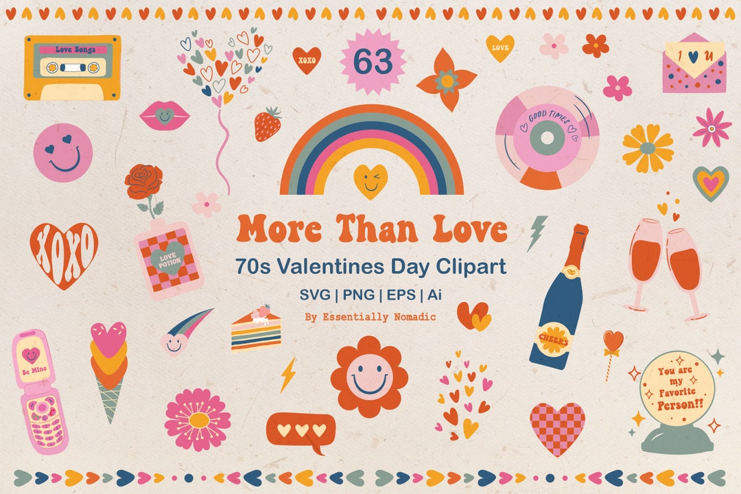 Groovy Valentines Day Clipart, Romantic 70s Retro Love Heart Daisy Love ...