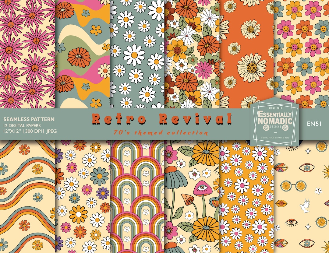 70s Retro Floral Digital Paper, Flower Seamless Pattern, Vintage Floral ...