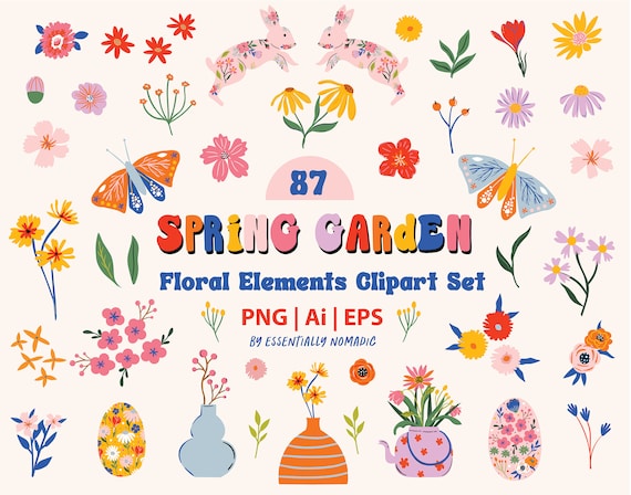 Cute Spring Flowers Clipart Set Bright Floral Elements - Etsy