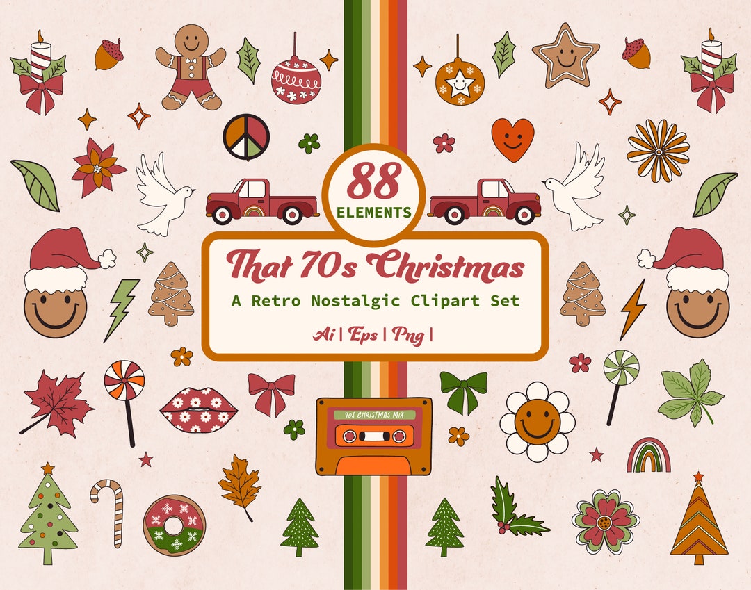 Retro Christmas Clipart Bundle, Groovy Retro Flowers, Holiday Designs ...