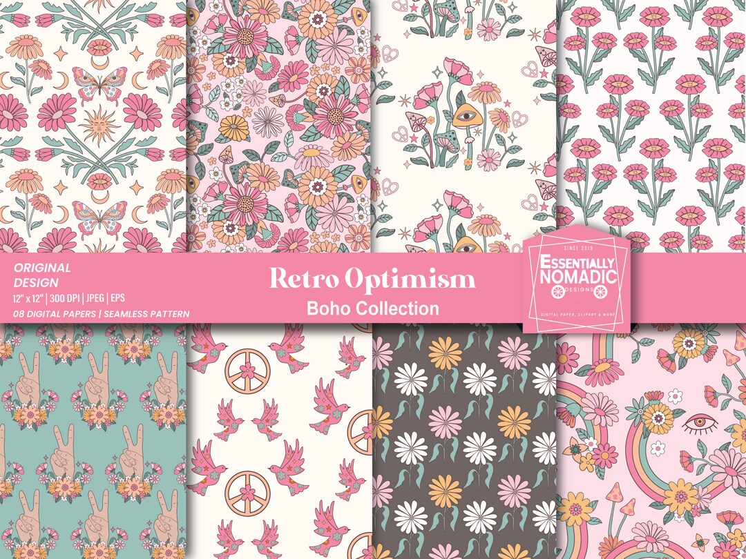 Retro Flowers Digital Paper, Retro Floral Seamless Pattern Repeat ...