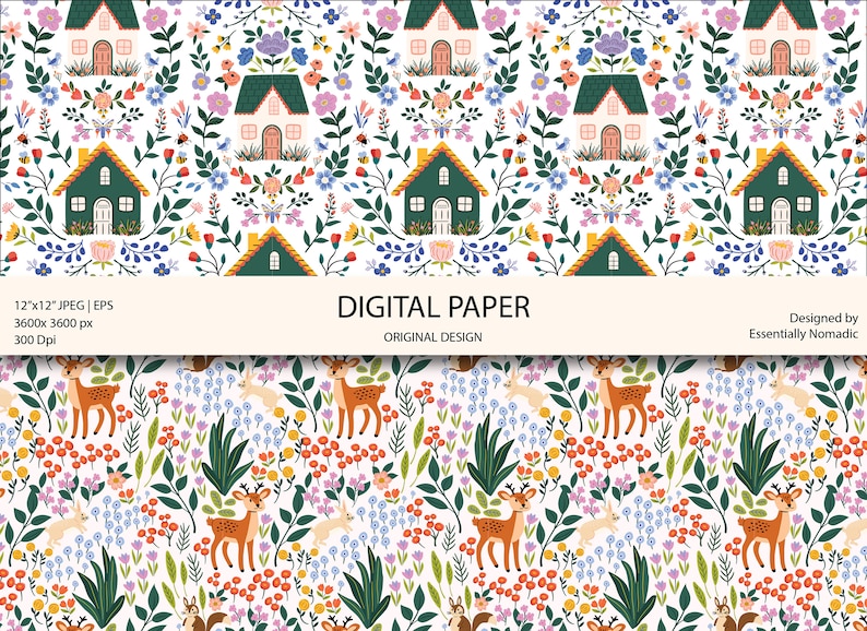 Cottagecore Pattern Spring Floral Digital Paper, Easter Eggs, Bunny ...