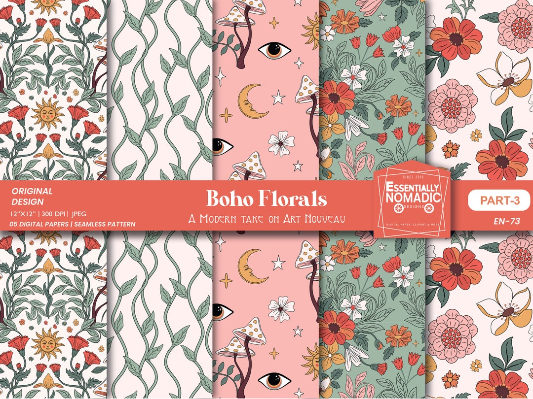 Boho Floral Digital Paper, Art Nouveau Seamless Pattern, 70s Hippie ...