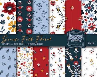 Scandinavian Floral Digital Paper Pack, Nordic Folk Art (12 JPEG Files ...