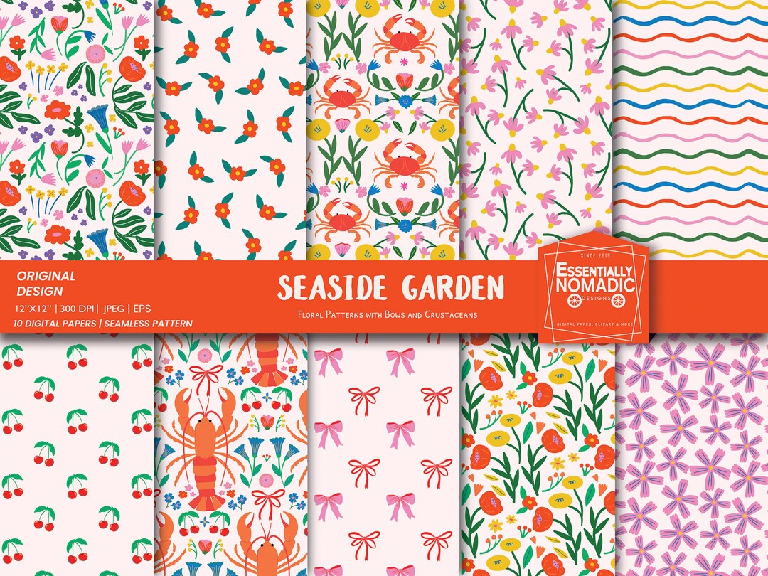 Floral Digital Paper, Crustacean Seamless Pattern Crab, Lobster, Cherry ...
