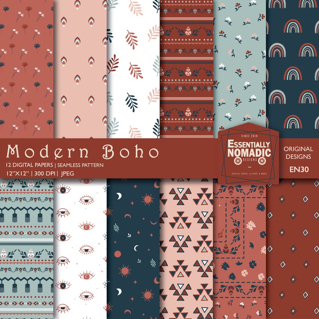 Modern Boho Digital Paper Seamless Pattern, Minimal Ethnic Geometric ...