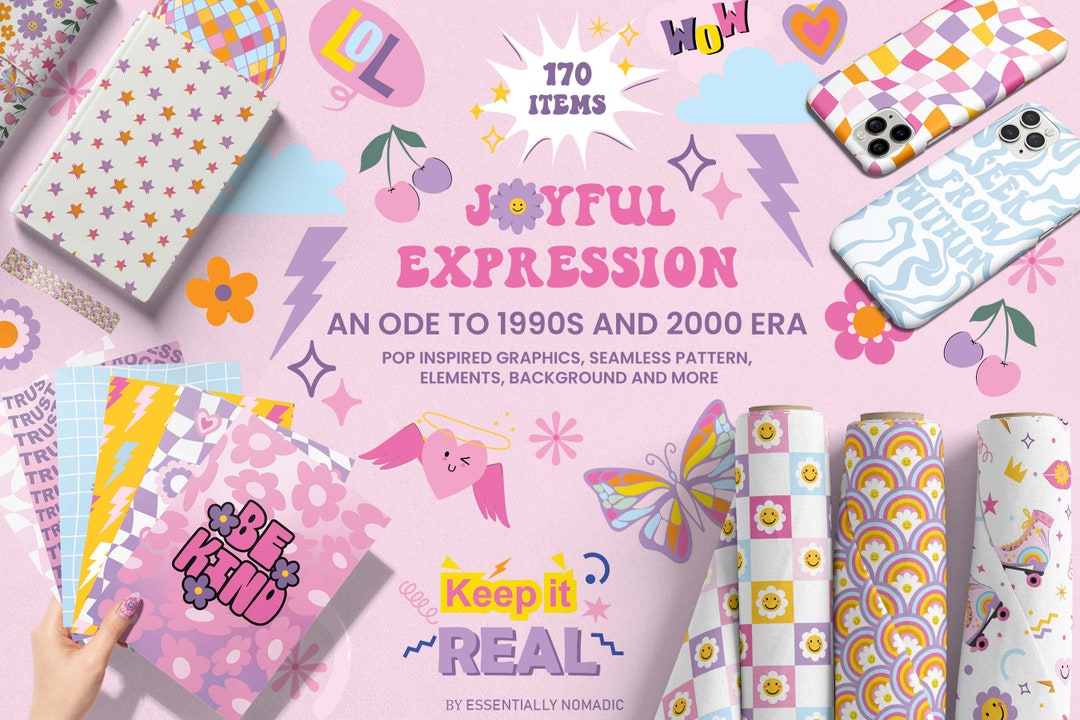 Y2K 90s Nostalgia Pattern and Clipart Set, Pink Retro Elements Digital ...