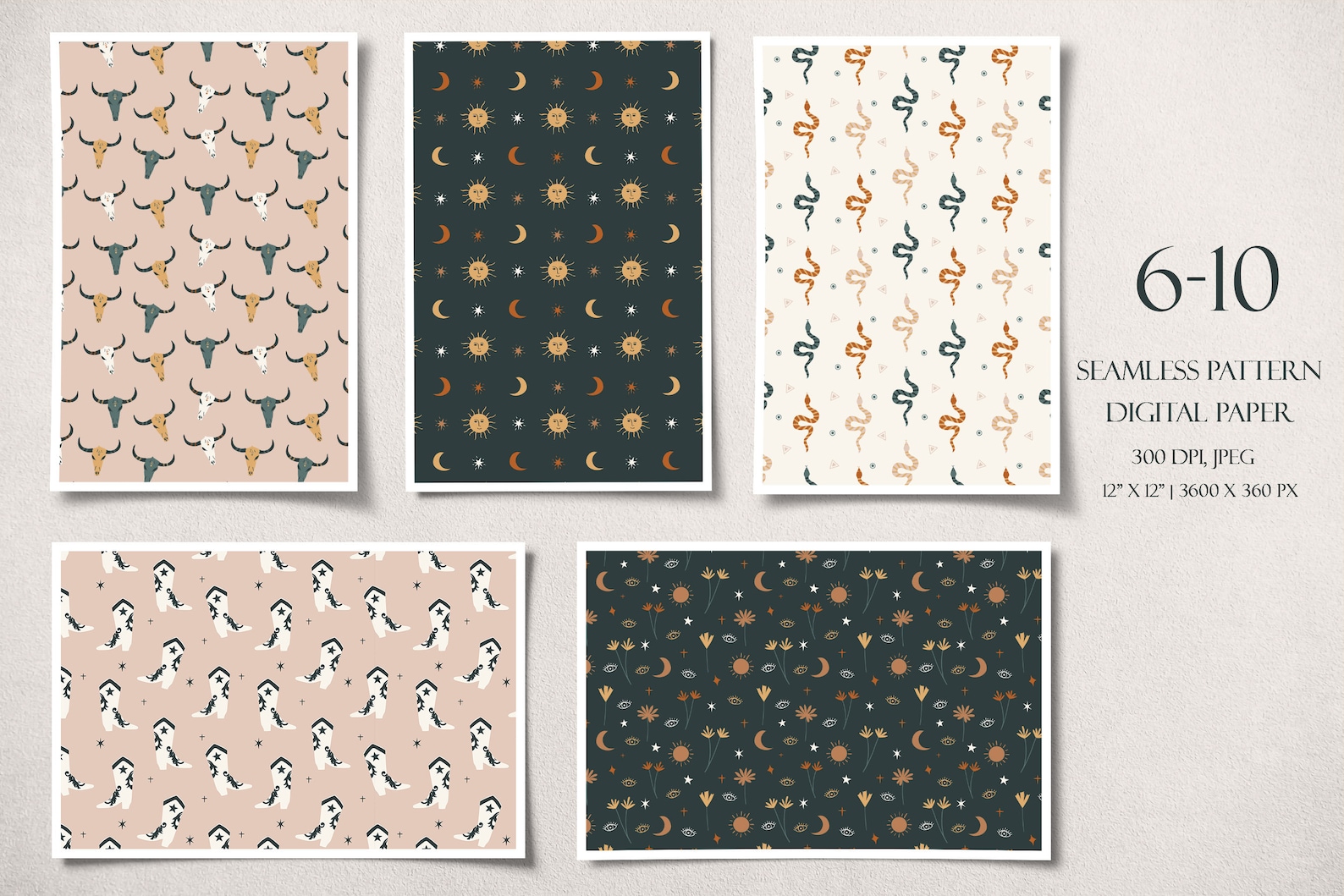 Wild West Digital Paper, Boho Western Seamless Pattern, Cactus Sun Eye ...