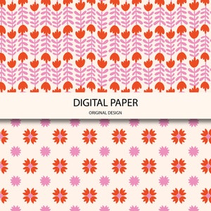 Retro Digital Paper Set, 70s Seamless Patterns, Red Pink Floral Digital ...