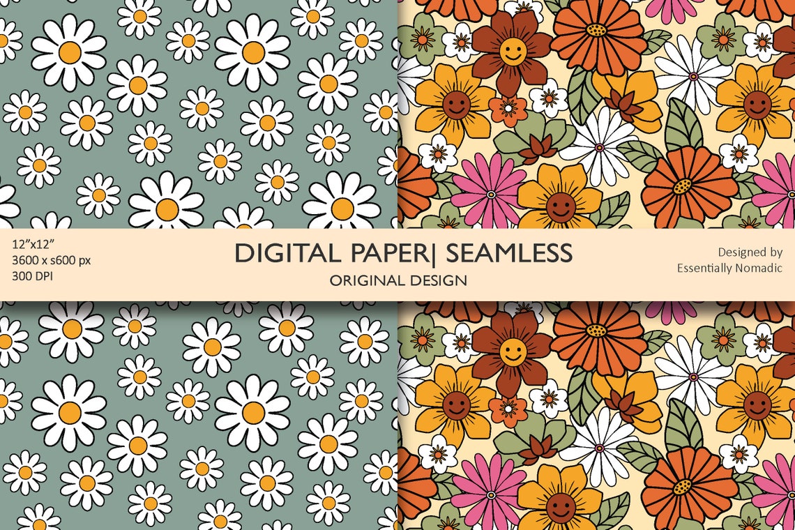 70s Retro Floral Digital Paper Flower Seamless Pattern - Etsy