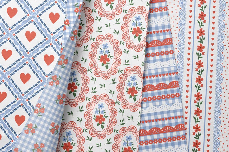 Romantic Gingham Floral Lace Seamless Patterns, Blue Red Grandmacore ...