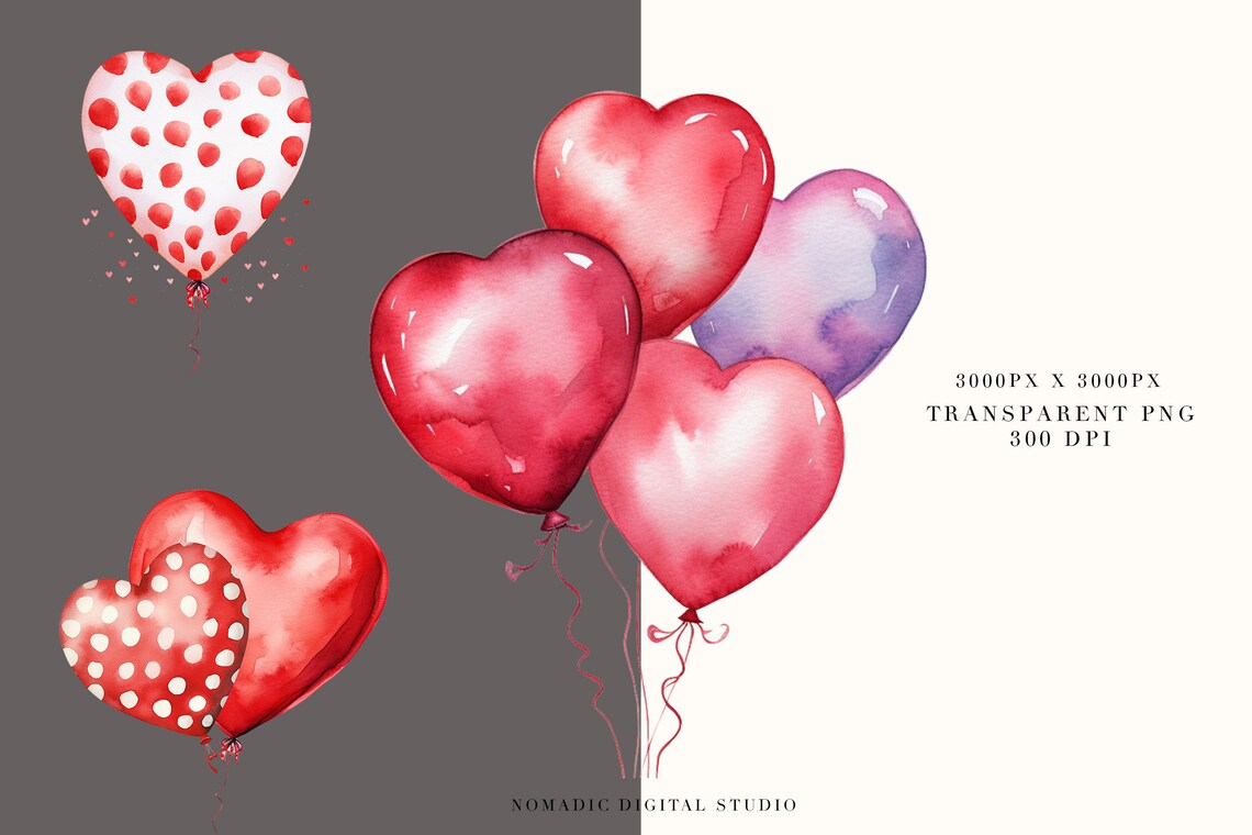 Watercolor Heart Balloon Clipart Set, Valentines Day (digital Download ...