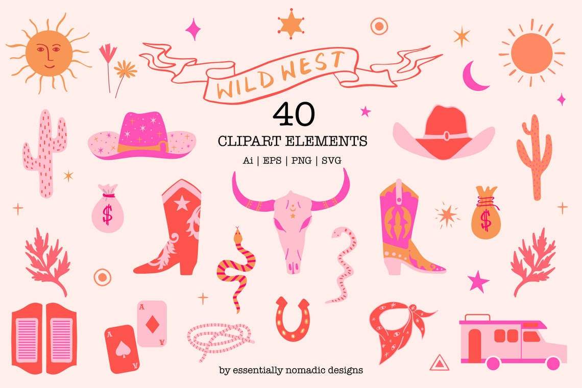 Cowgirl Clipart Set, Pink Red Wild West Clipart PNG, Western Clipart ...