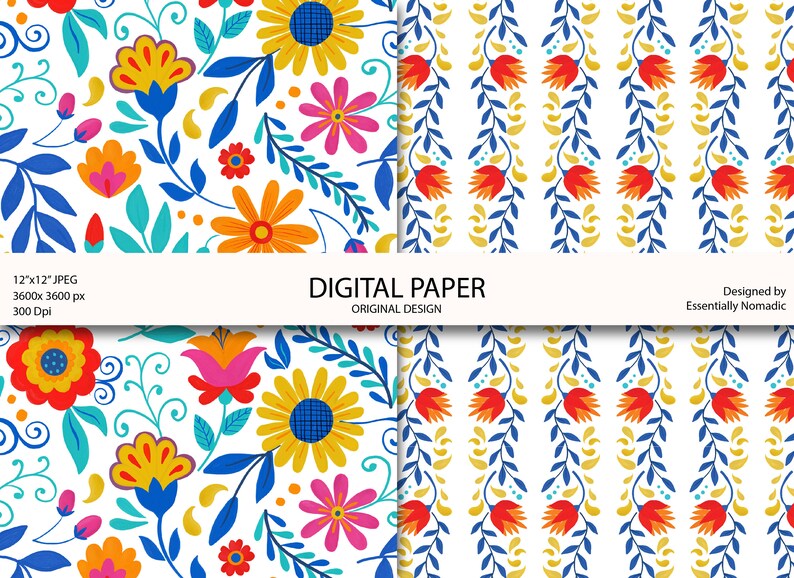 Mexican Digital Paper Pack Folk Floral Seamless Pattern - Etsy