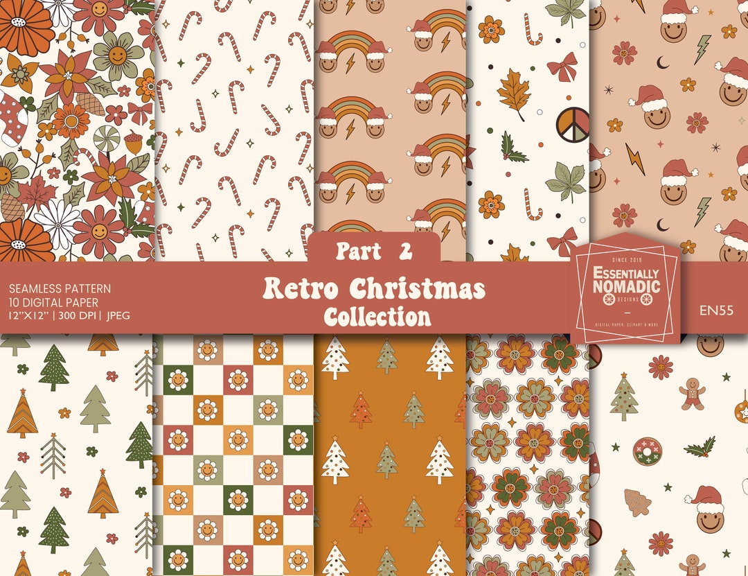 Retro Christmas Digital Paper Pack, Cute Santa Seamless Pattern, Groovy ...