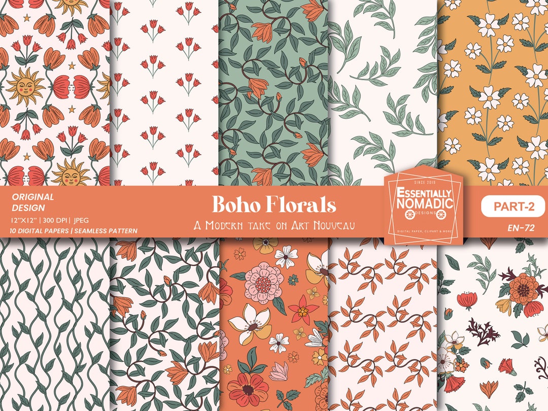 Boho Floral Digital Paper,70s Flower Seamless Pattern, Retro Digital ...