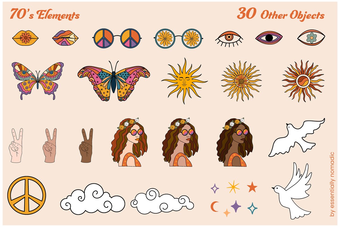 70s Retro Clipart Set Boho Clipart Groovy Retro Flowers - Etsy