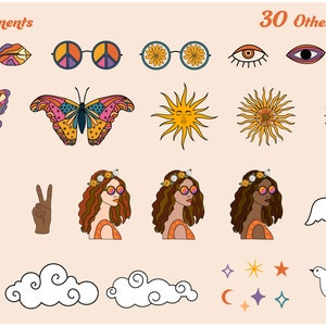 70s Retro Clipart Set, Boho Clipart, Groovy Retro Flower, Colorful ...
