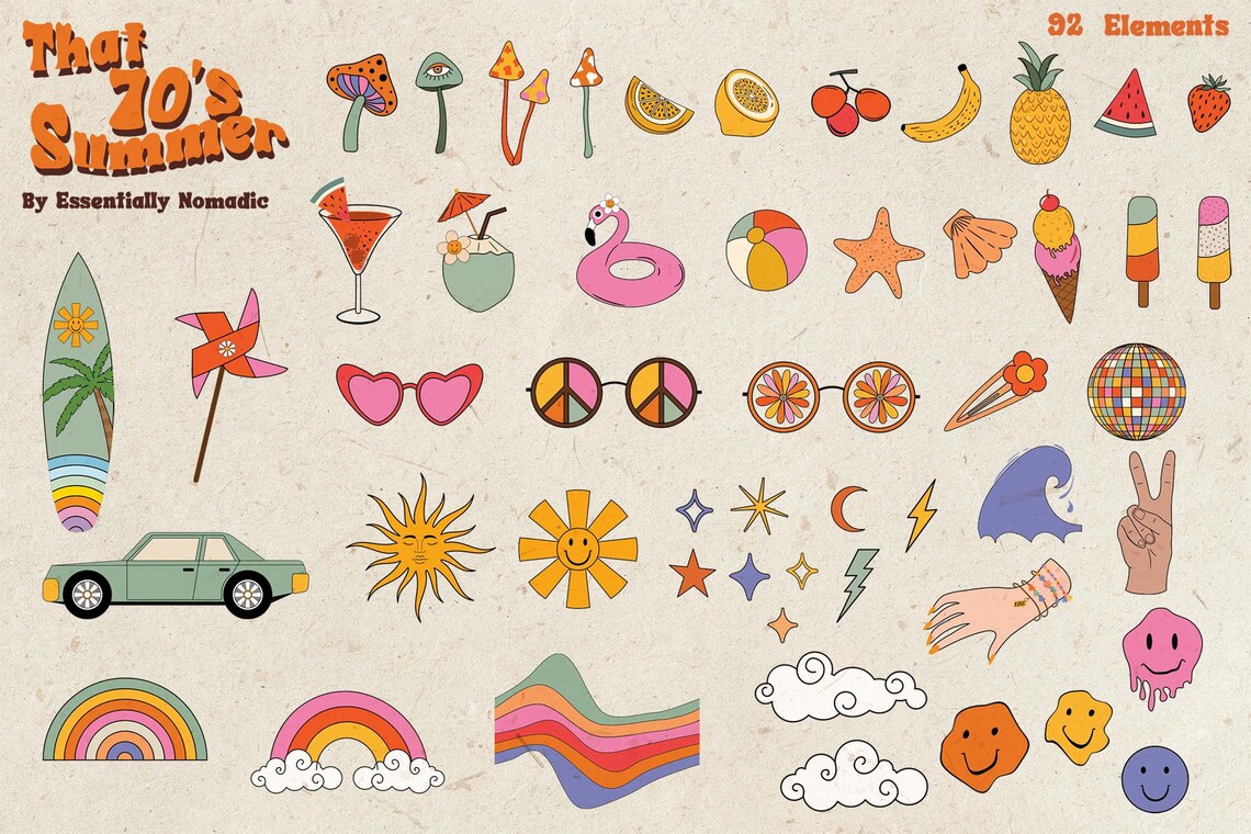 70s Summer Retro Clipart Set Groovy Elements Clipart Retro - Etsy