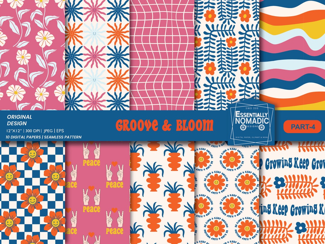 Groovy Digital Paper Set, 70s Seamless Patterns, Red Pink Blue Floral ...