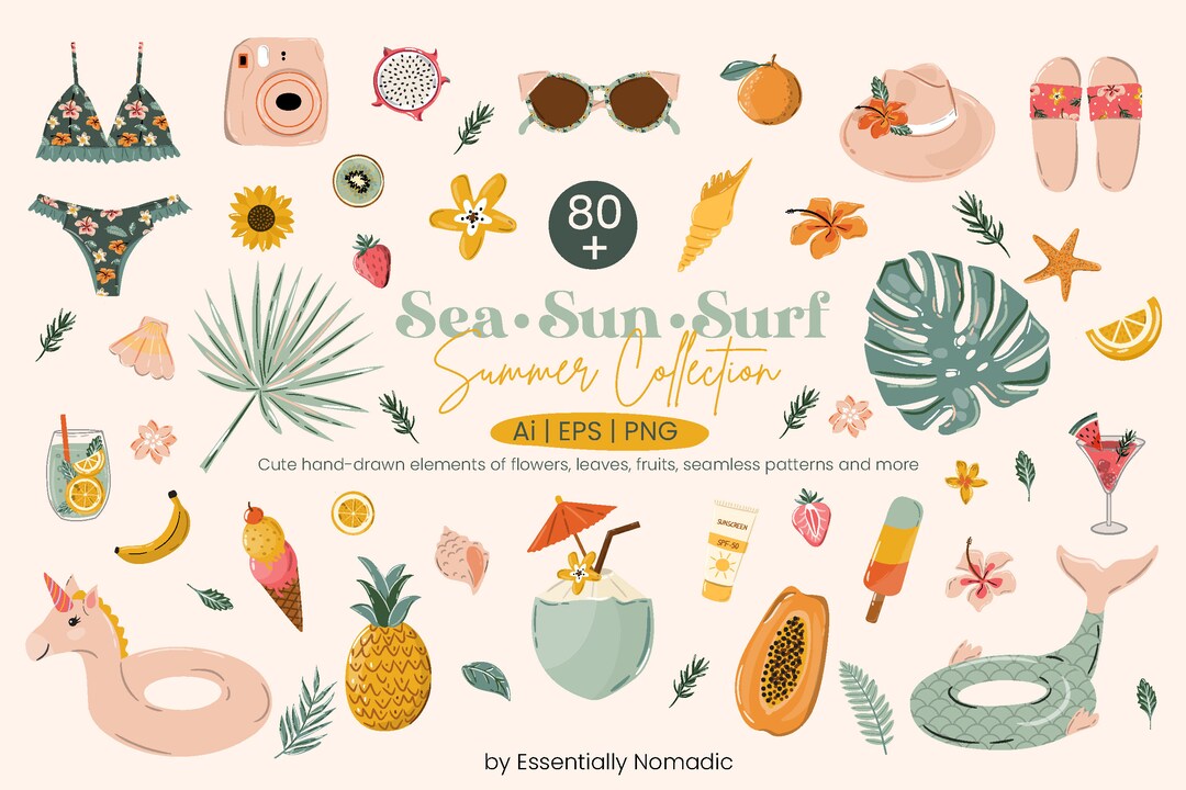 Cute Summer Clipart Bundle,tropical Elements Vacation Beach Clipart Png ...