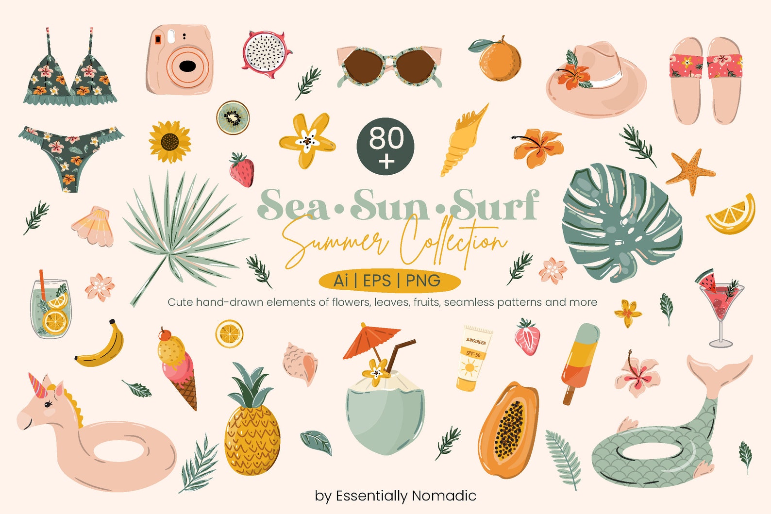 Cute Summer Clipart Bundle,tropical Elements Vacation Beach Clipart Png ...