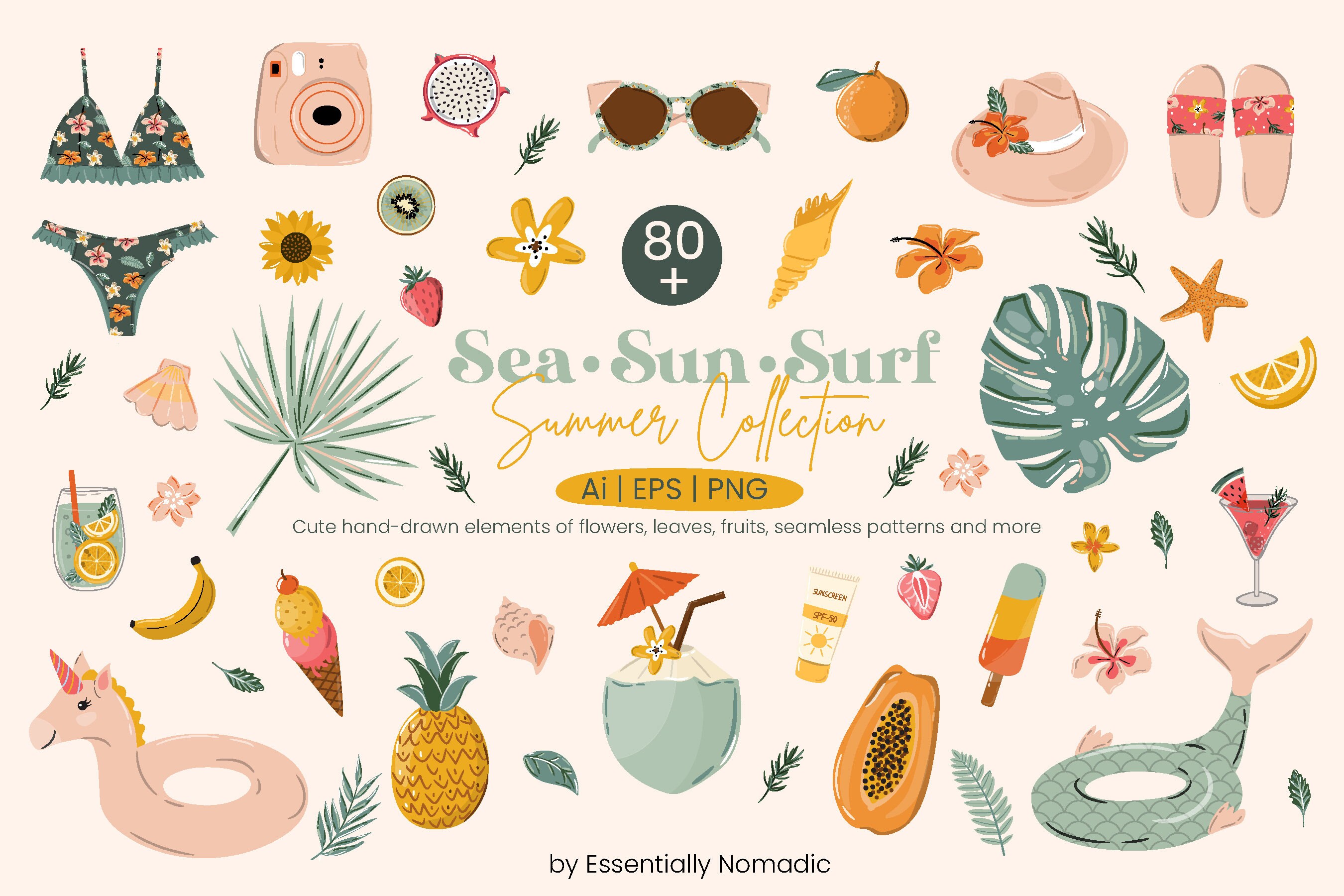 Cute Summer Clipart Bundletropical Elements Vacation Beach - Etsy