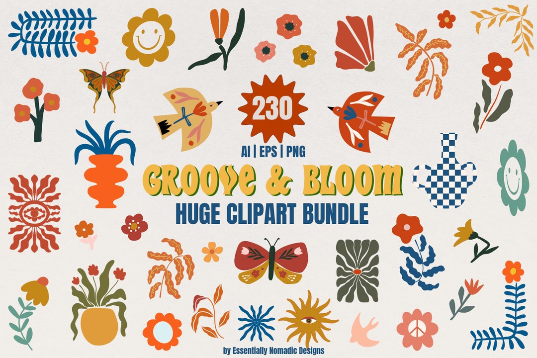 Groovy Clipart, 70s Retro Botanical Clip Art, Matisse Illustration ...