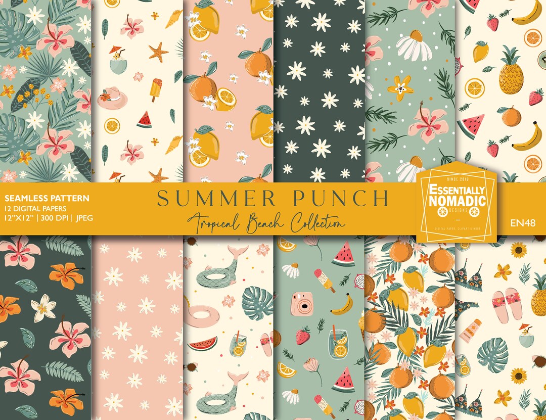 Summer Digital Paper Pack,tropical Seamless Pattern,floral Citrus Fruit ...