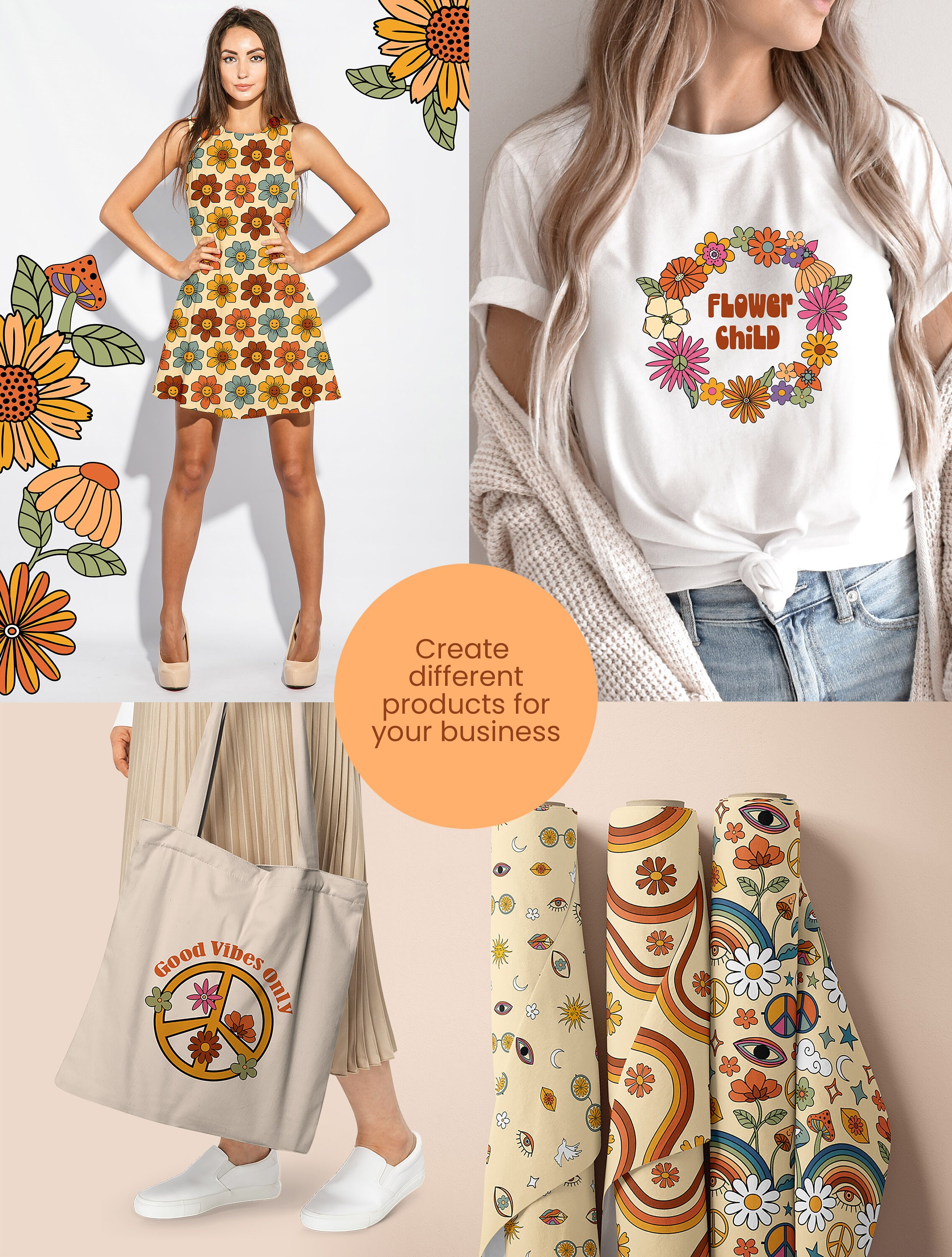 70s Retro Clipart Set Boho Clipart Groovy Retro Flowers - Etsy