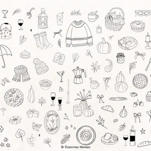 Whimsical Autumn Line Art Icon Set, Thanksgiving Clipart SVG, Minimal ...