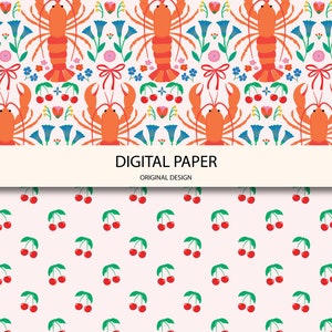 Floral Digital Paper, Crustacean Seamless Pattern Crab, Lobster, Cherry ...