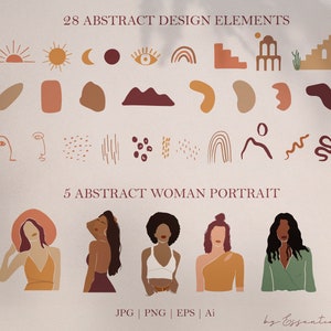 Boho Clipart Set, Woman Illustration, Abstract Shapes, Modern Elements ...