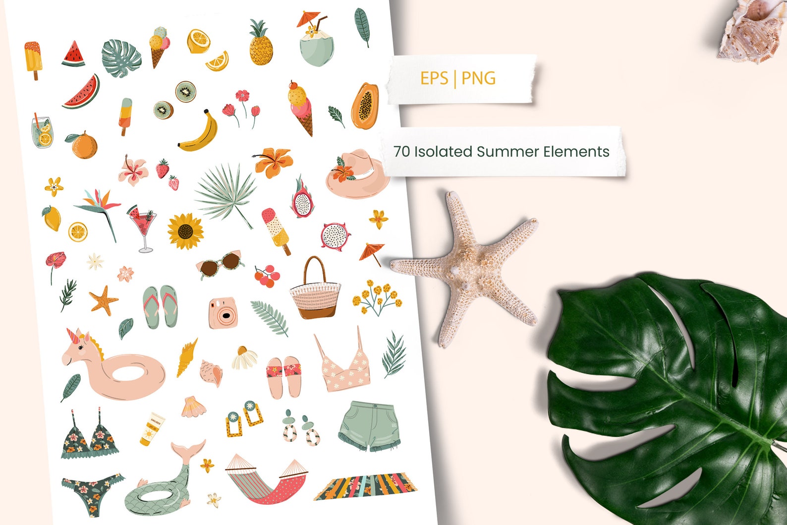 Cute Summer Clipart Bundle,tropical Elements Vacation Beach Clipart Png ...