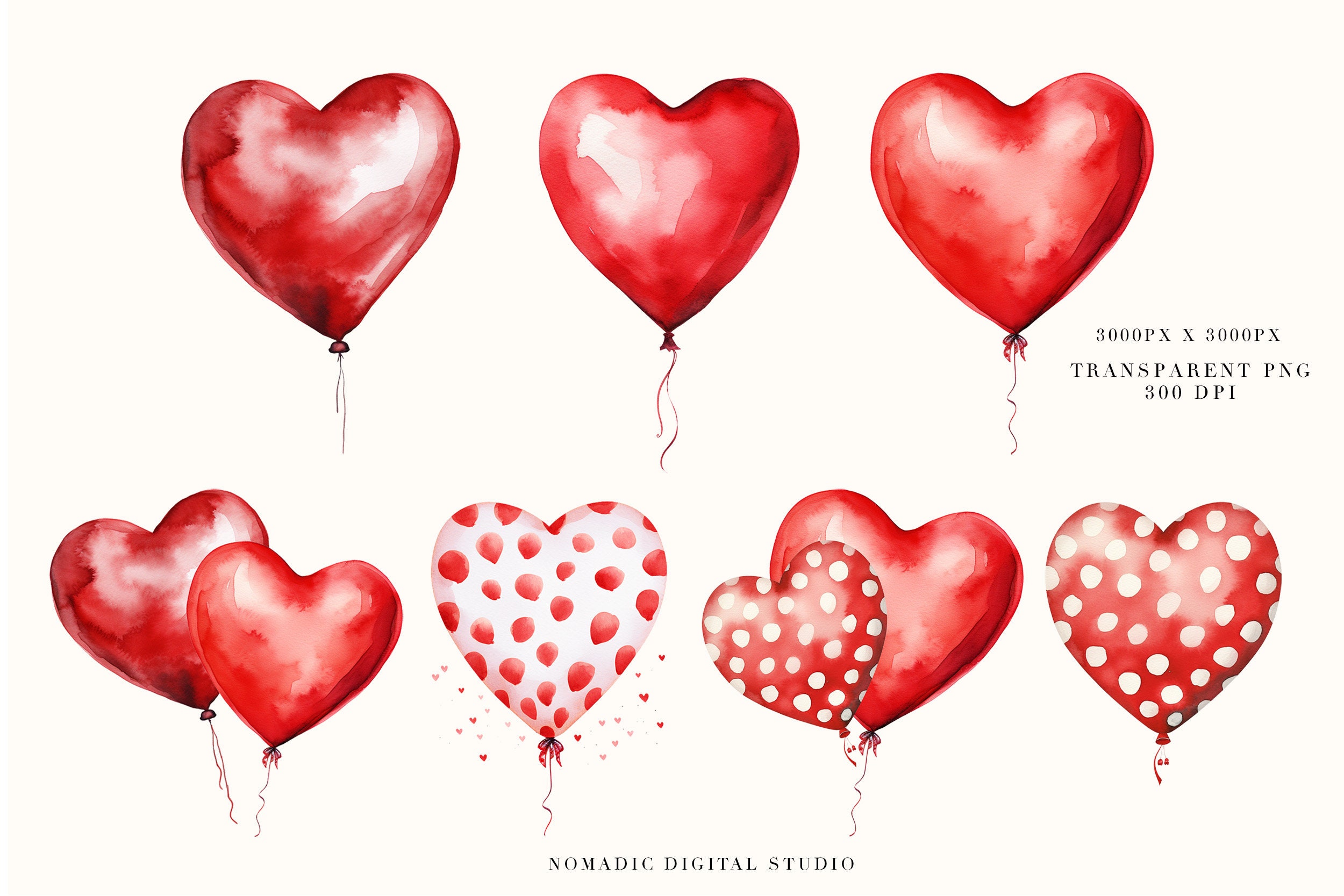 Watercolor Heart Balloon Clipart Set, Valentines Day (digital Download ...